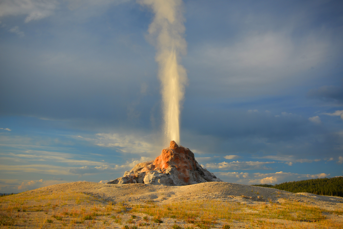 A Beautiful Eruption Of White Dome Geyser Is Captured As The Sun Is ...